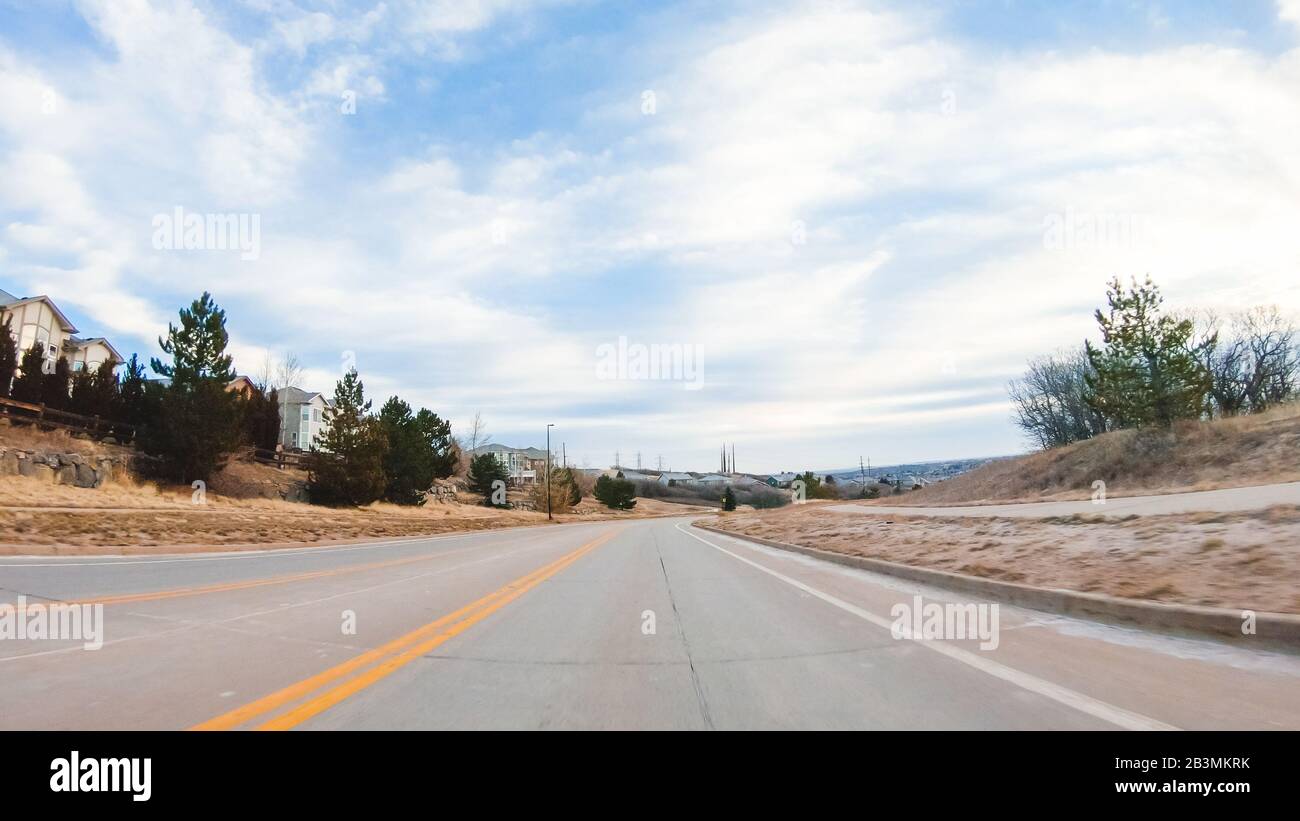 Driving through upscale residential neighborhood in suburbia Stock ...