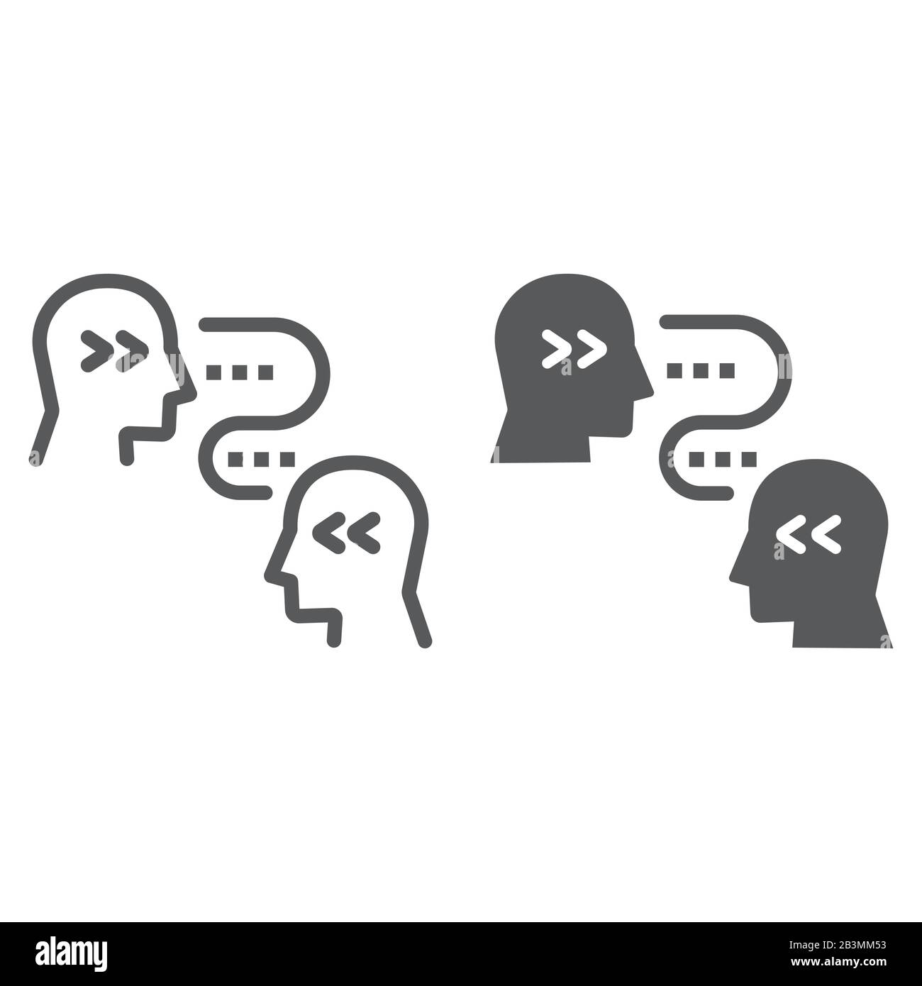 Brain to brain communication line and glyph icon, technology and people ...