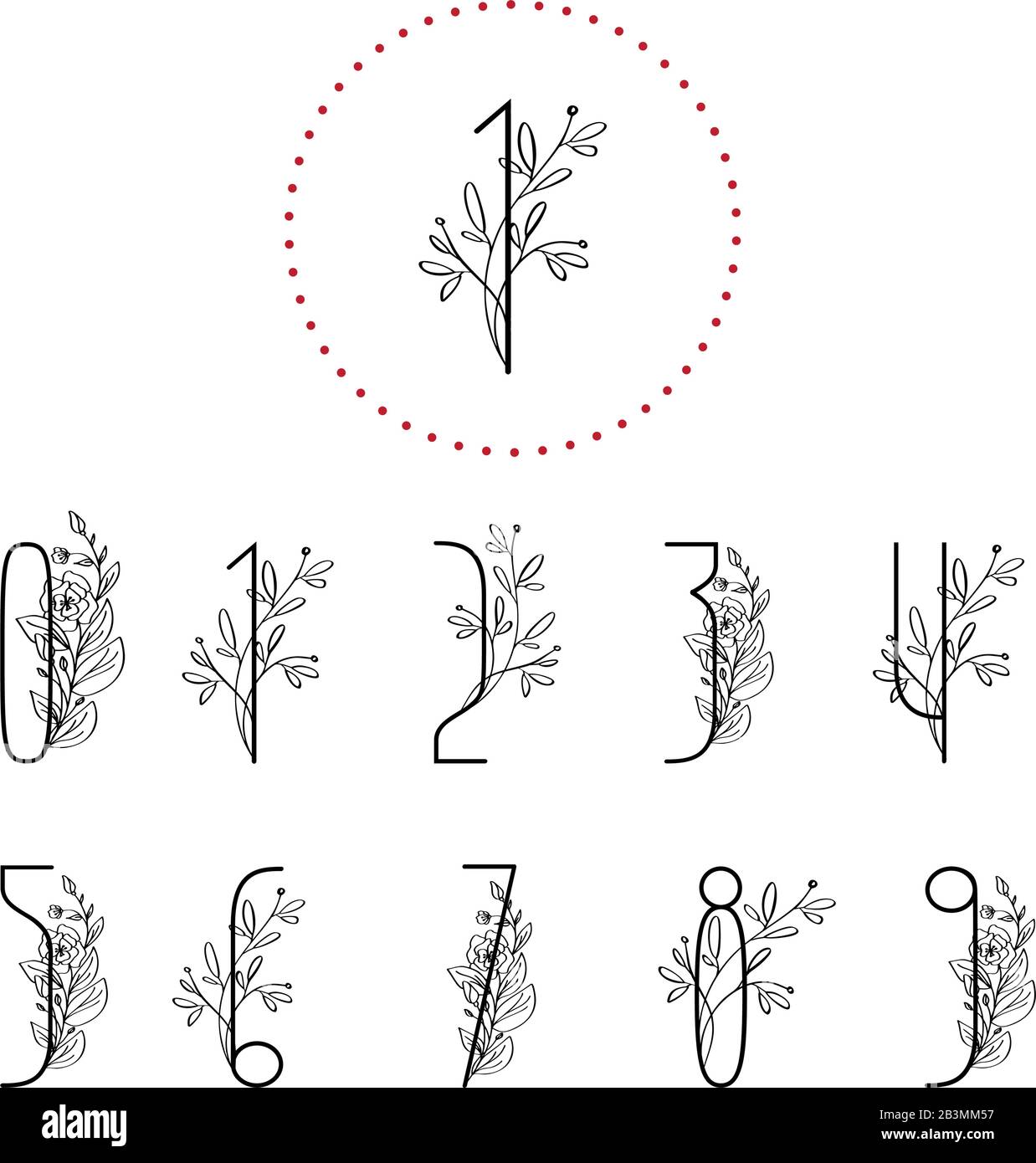 Vector illustration of spring floral numbers with branch of tree. set ...