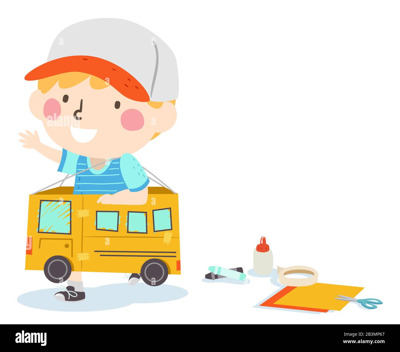 Illustration of a Kid Boy Playing with Cardboard Box School Bus He Made ...