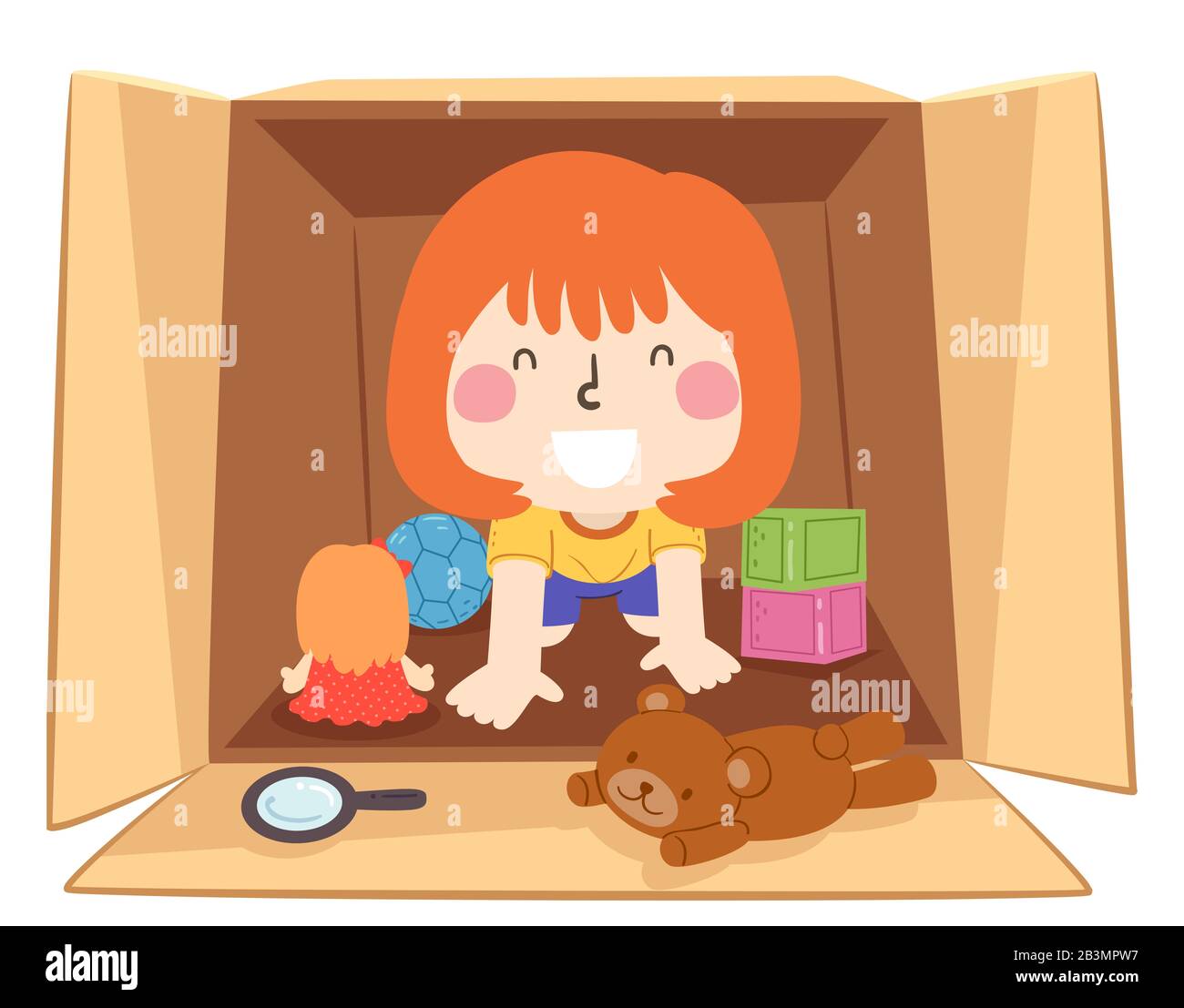 Illustration of a Kid Girl Crawling Inside a Cardboard with Toys like ...