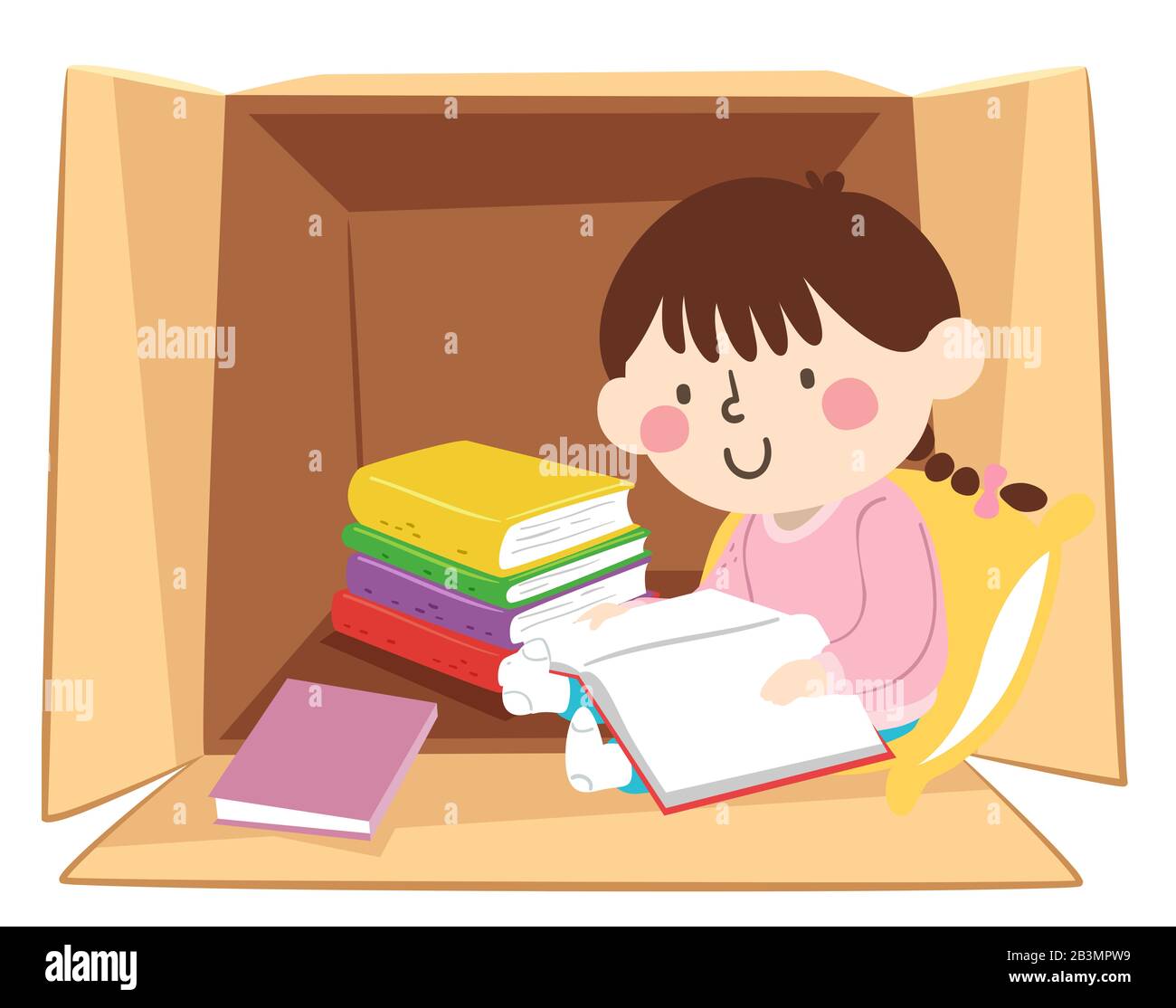 Illustration of a Kid Girl Reading a Book Inside a Cardboard Box with ...