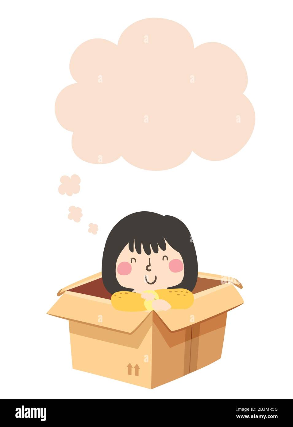 Illustration of a Kid Girl Thinking From Inside a Cardboard Box with a ...