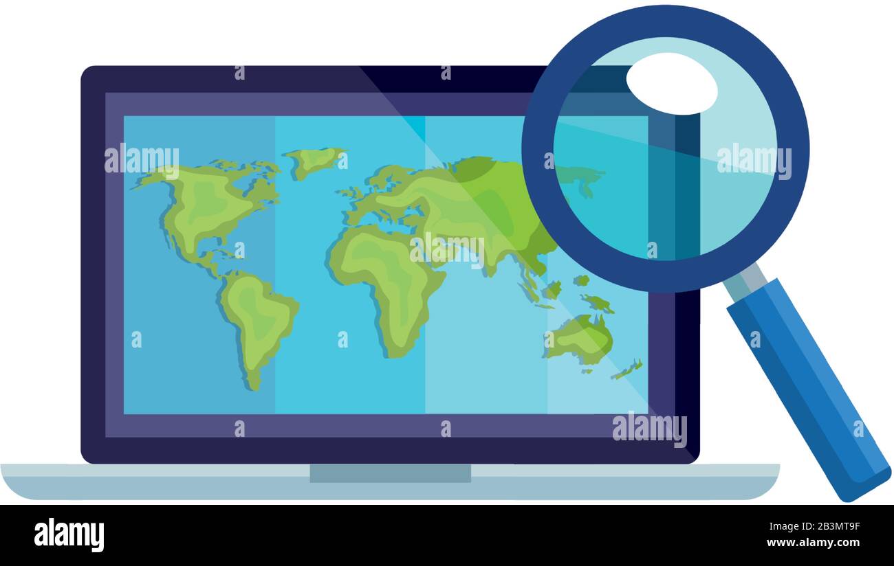 Isolated lupe and world map inside laptop vector design Stock Vector ...