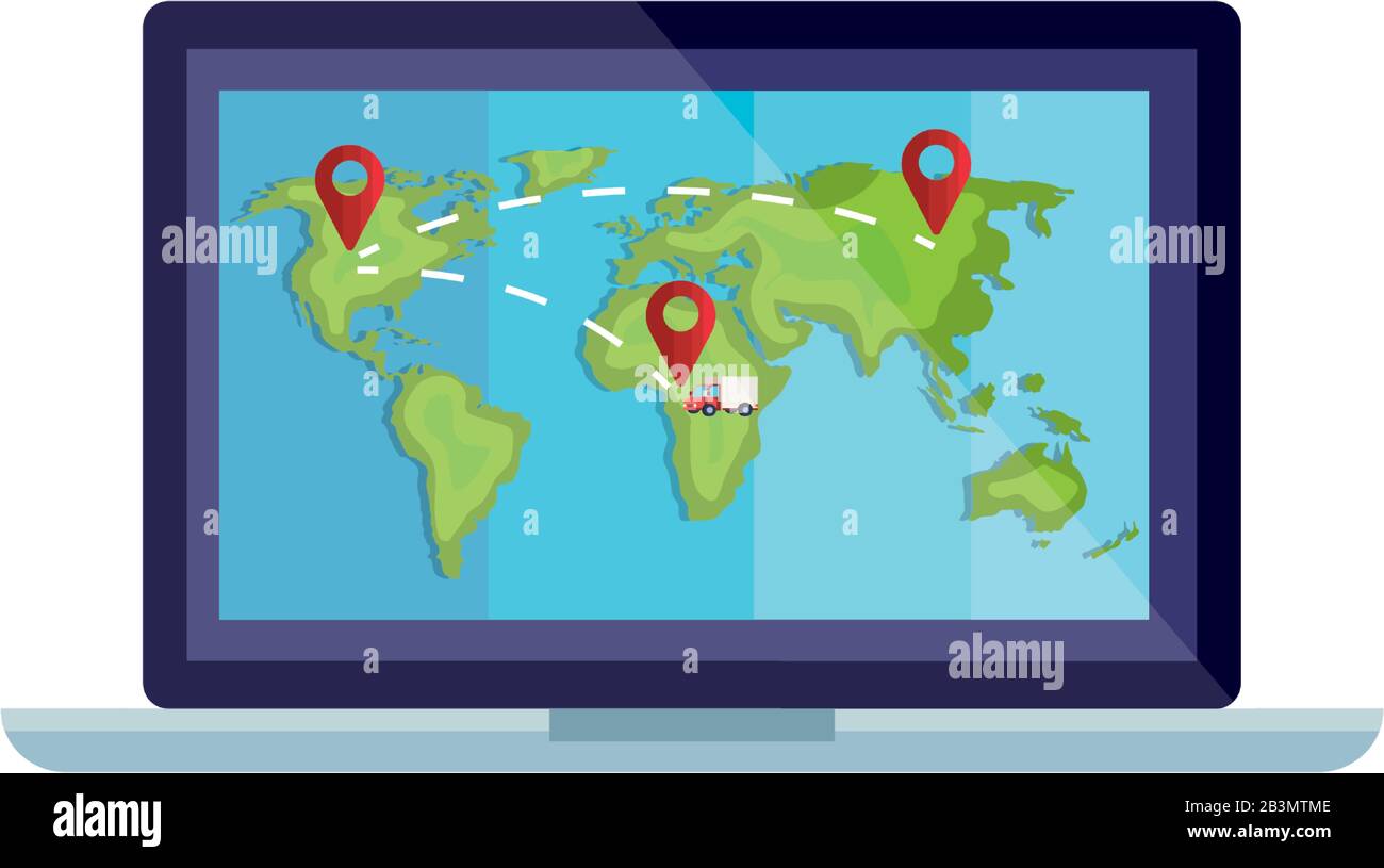 Isolated laptop with world map and gps marks vector design Stock Vector ...
