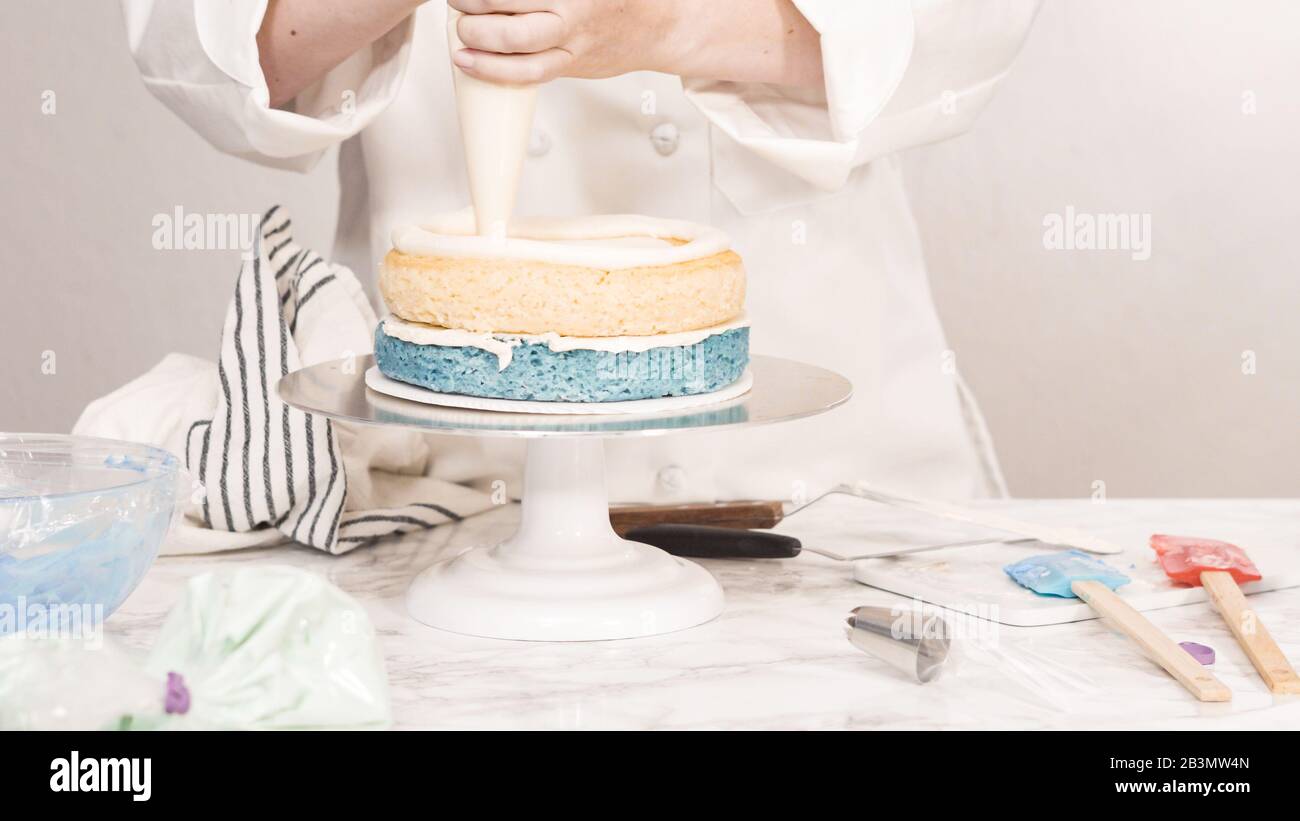 Stacking cake layers to create the round three-layer vanilla cake Stock ...