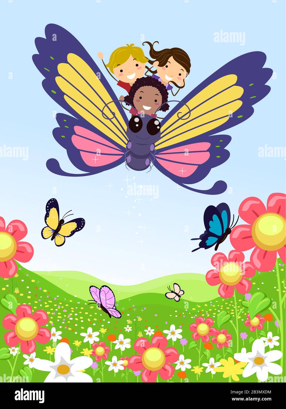 Illustration of Stickman Kids Riding a Butterfly Flying Across a Flower ...