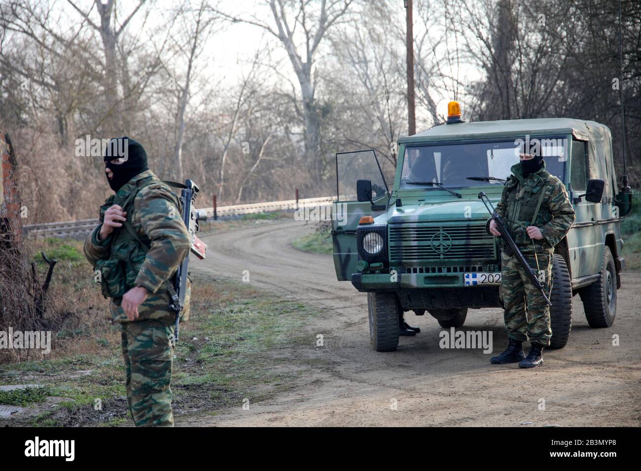 Kastanies, Evros, Greece - March 1, 2020: Greek soldiers guard as ...