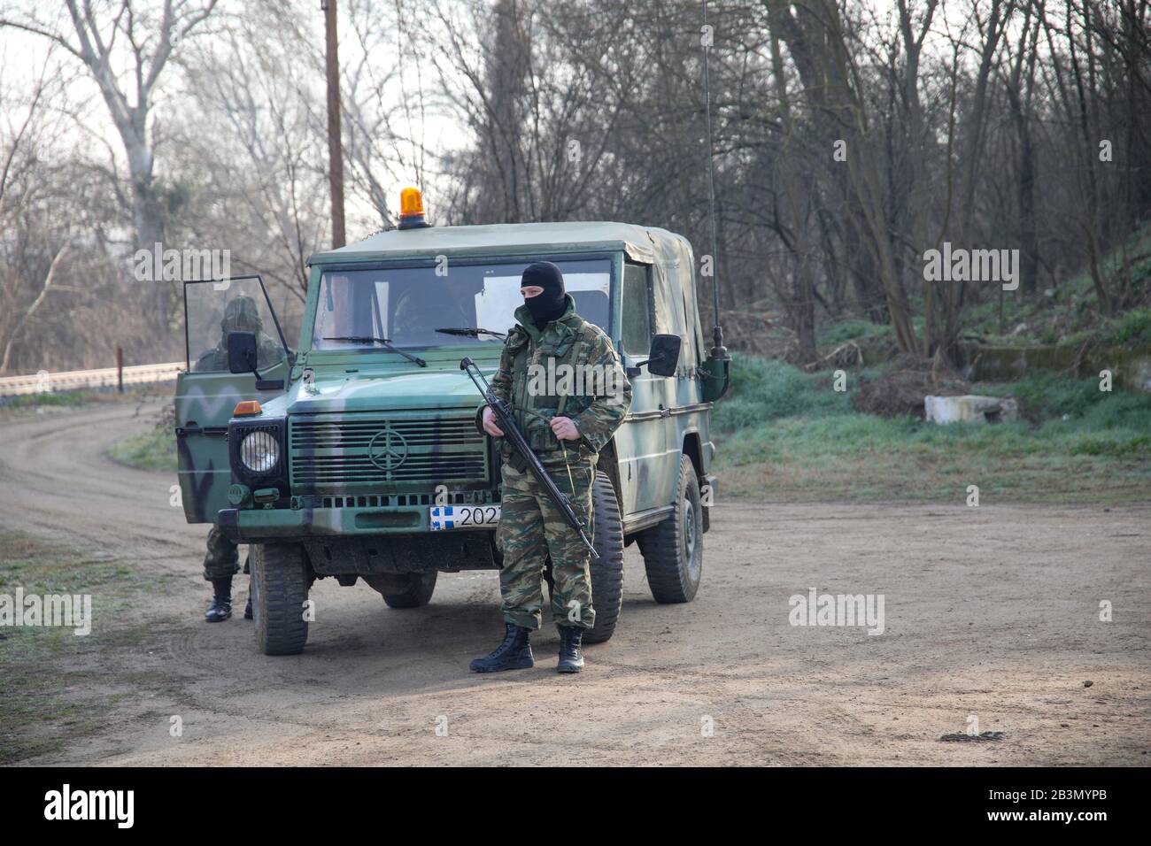 Kastanies, Evros, Greece - March 1, 2020: Greek soldiers guard as ...