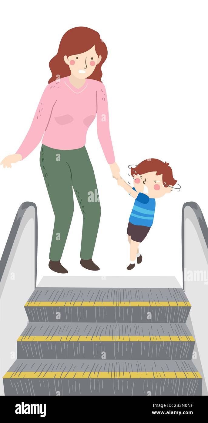Illustration of a Kid Boy Being Scared of Using the Escalator and ...