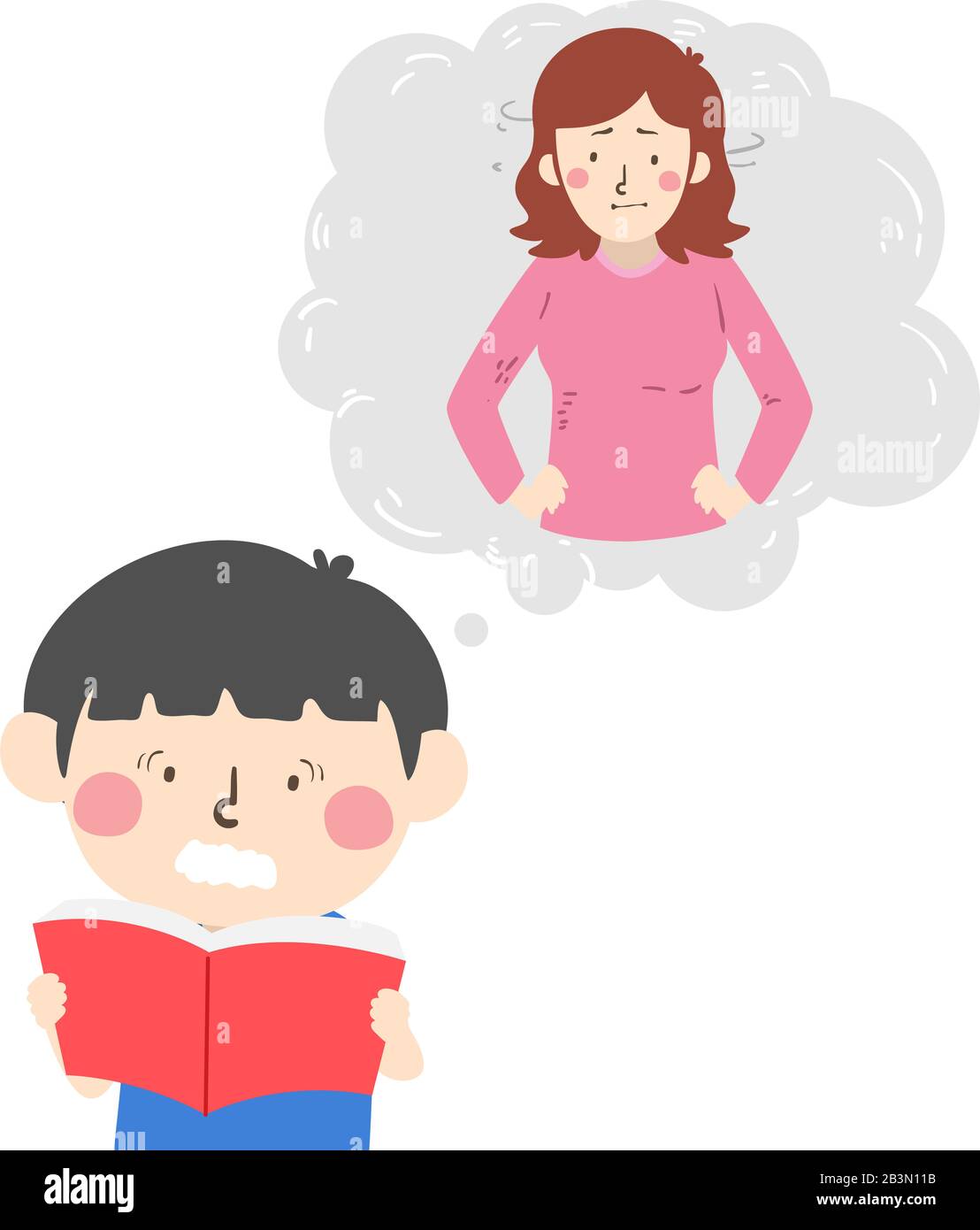 Illustration of a Kid Boy Studying, Reading a Book While Being Worried ...