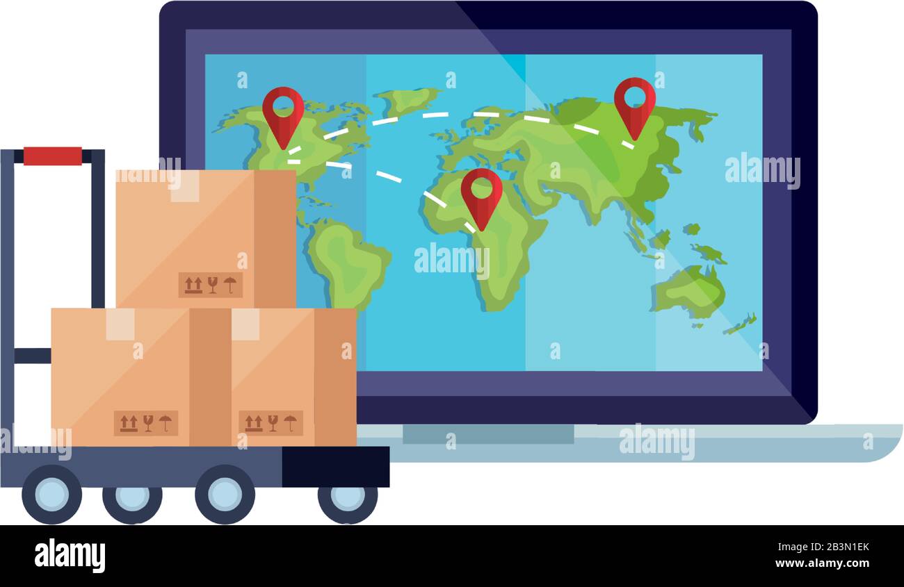 boxes over cart and world map inside laptop vector design Stock Vector ...