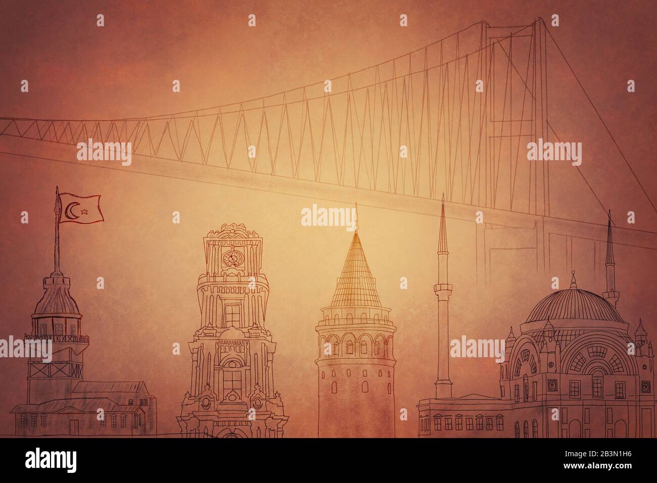 illustration, sketches of landmarks in city Istanbul with brown vintage ...