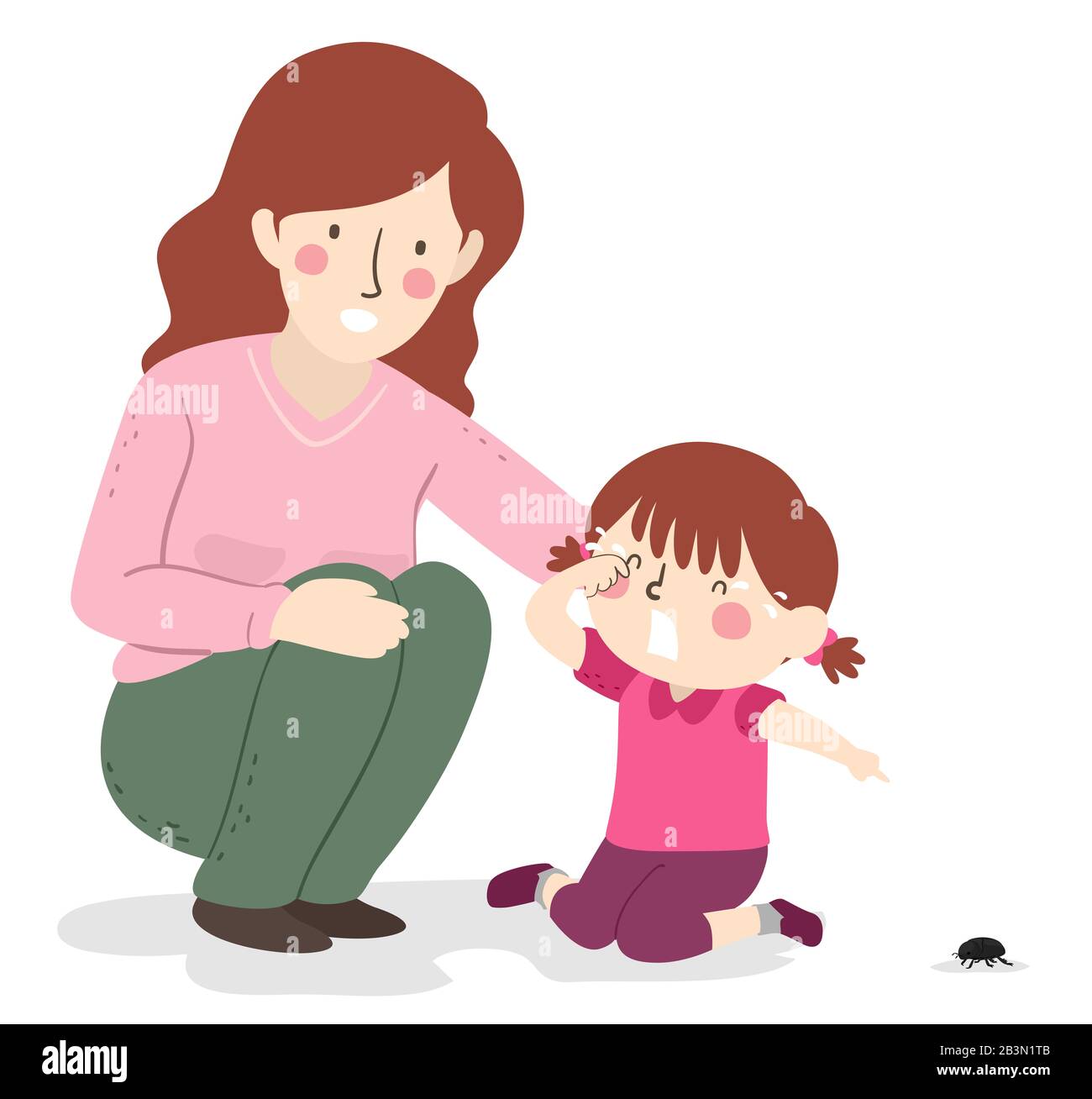 Illustration of a Mother and Her Kid Girl Crying and Pointing to Beetle ...