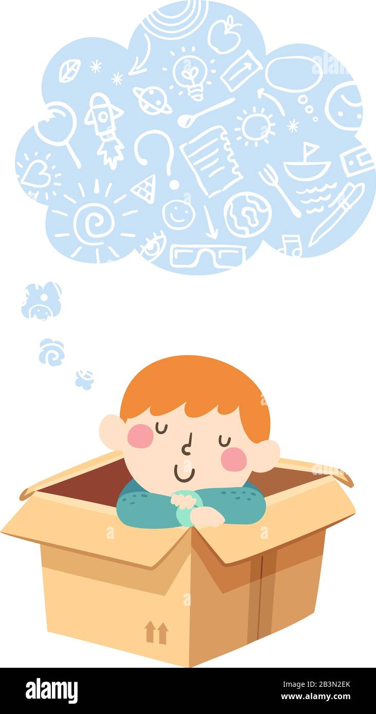 Illustration of a Kid Boy Thinking From Inside a Cardboard Box with ...