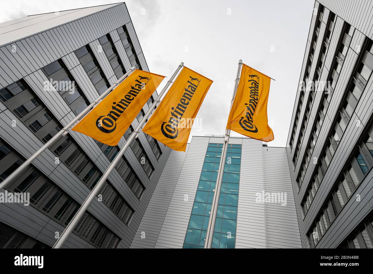 27 February 2020, Bavaria, Regensburg: Flags with Continental's logo ...