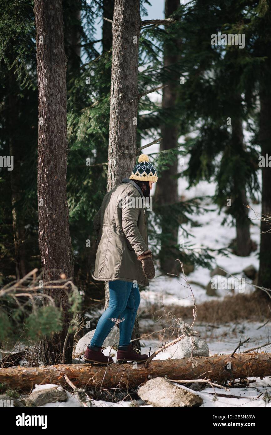 Lady stepping on tree in the forest. Explorer woman wearing winter ...