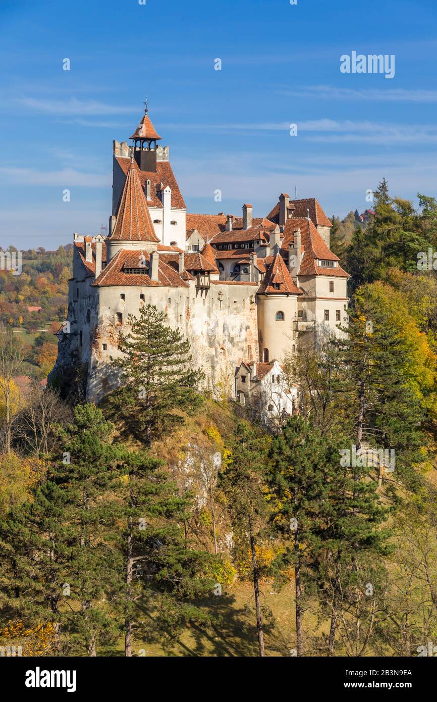 The famous Bran Castle seen from a lookout during autumn, Bran, Romania ...