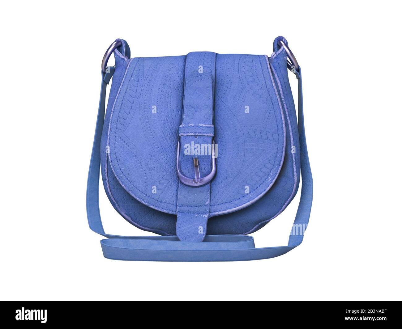 3D rendering blue small bag with long handle front view on white ...