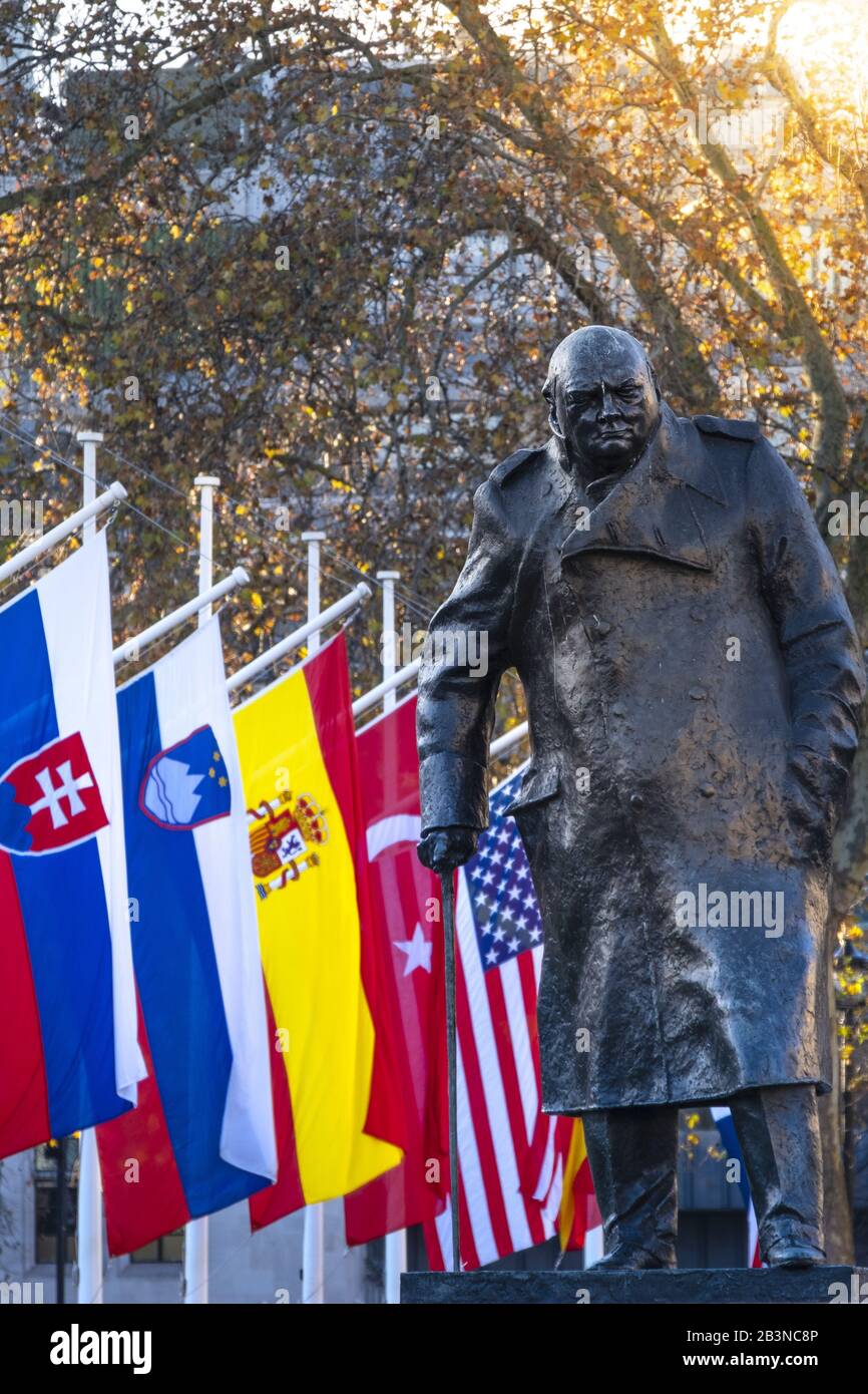 Parliament Square, Winston Churchill statue and NATO flags, Westminster ...