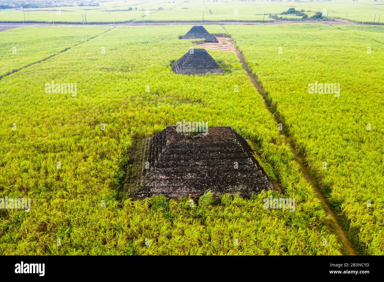 Aerial view by drone of mysterious pyramids in green fields, Plaine ...