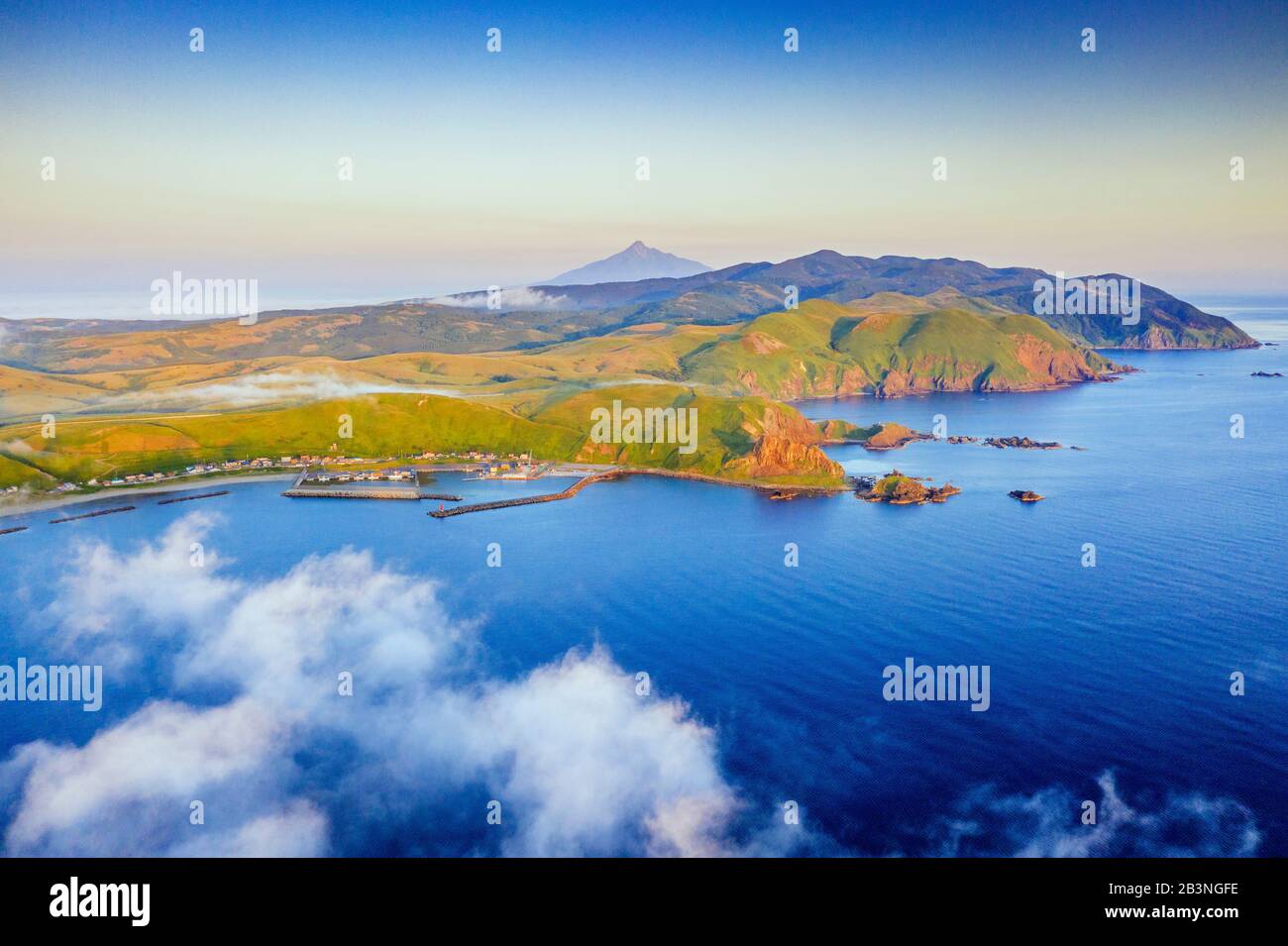 Coastal landscape, Rebun Island and Rishiri island in distance ...