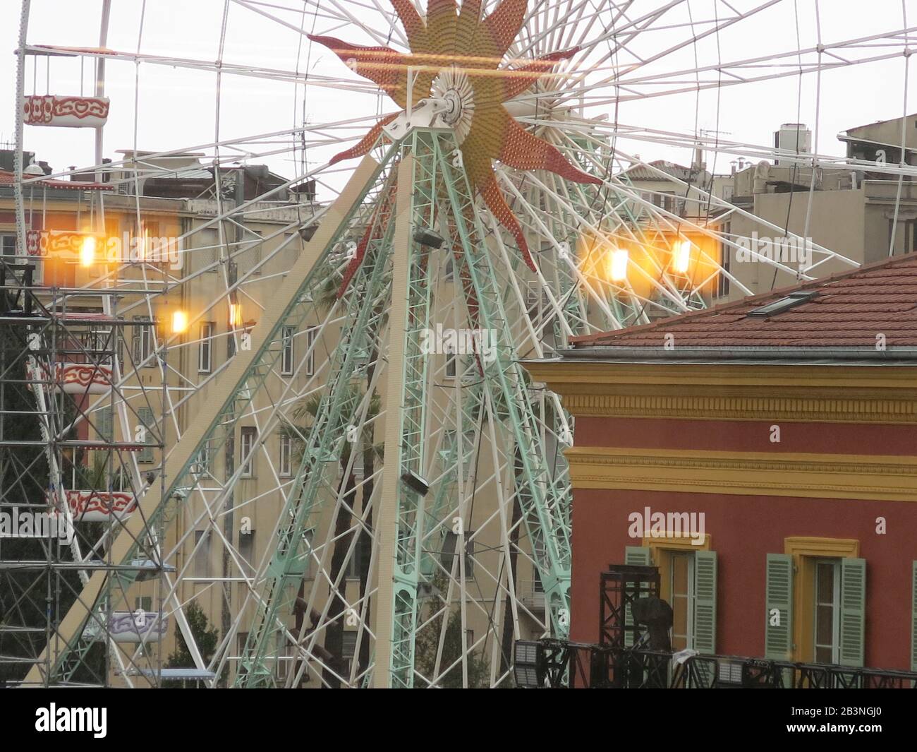 View of the structure of the giant Ferris Wheel at carnival time in ...