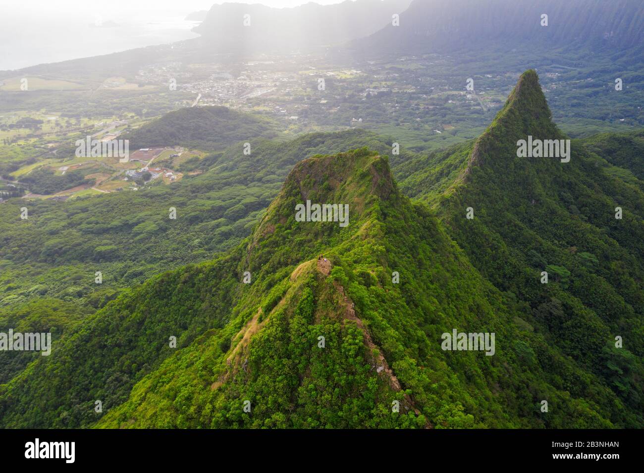 Aerial view by drone of Three Peaks trail, Oahu Island, Hawaii, United ...