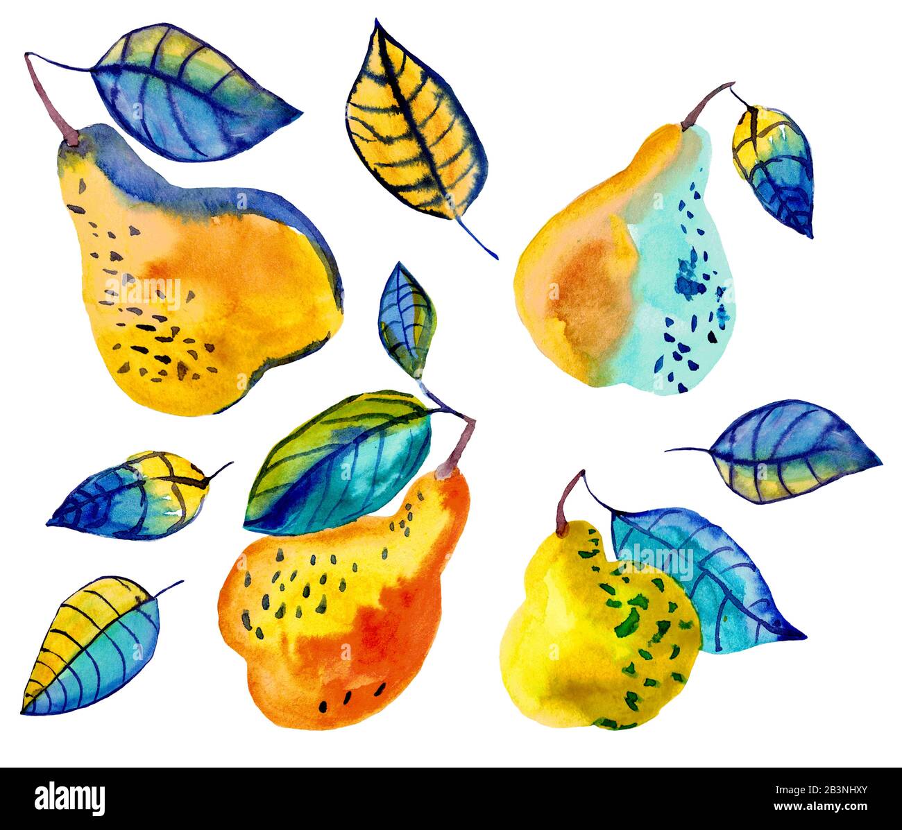 Watercolor set of crazy funny pears with leaves isolated on white ...
