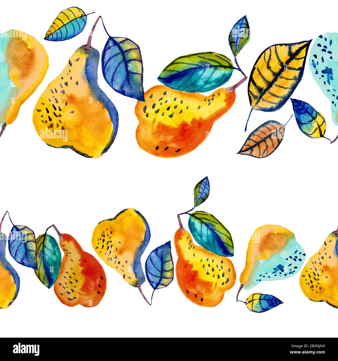 Watercolor hand painted pears in seamless border. Composition in yellow ...