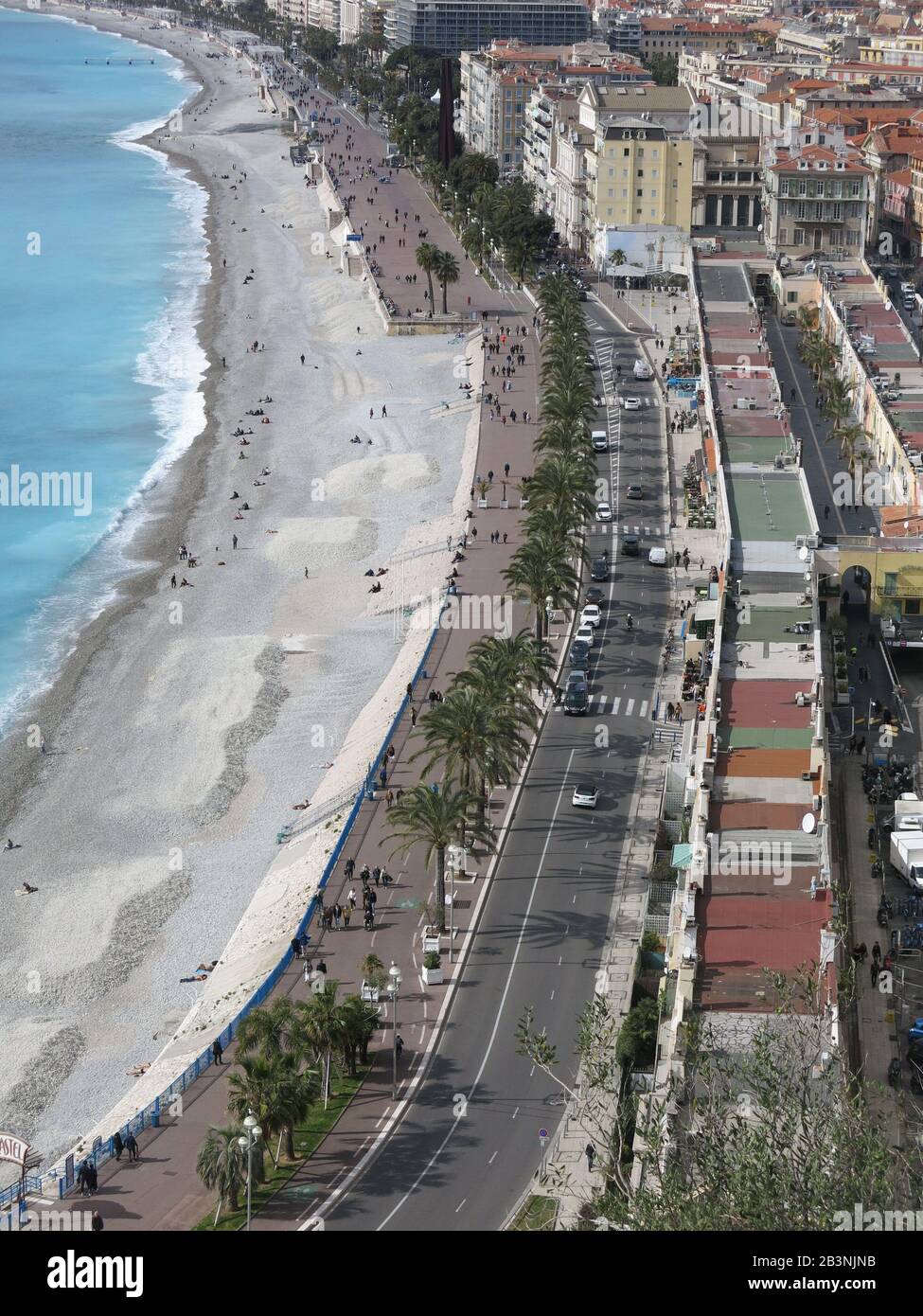 Panoramic, aerial view of the Promenade des Anglais and the coastline ...
