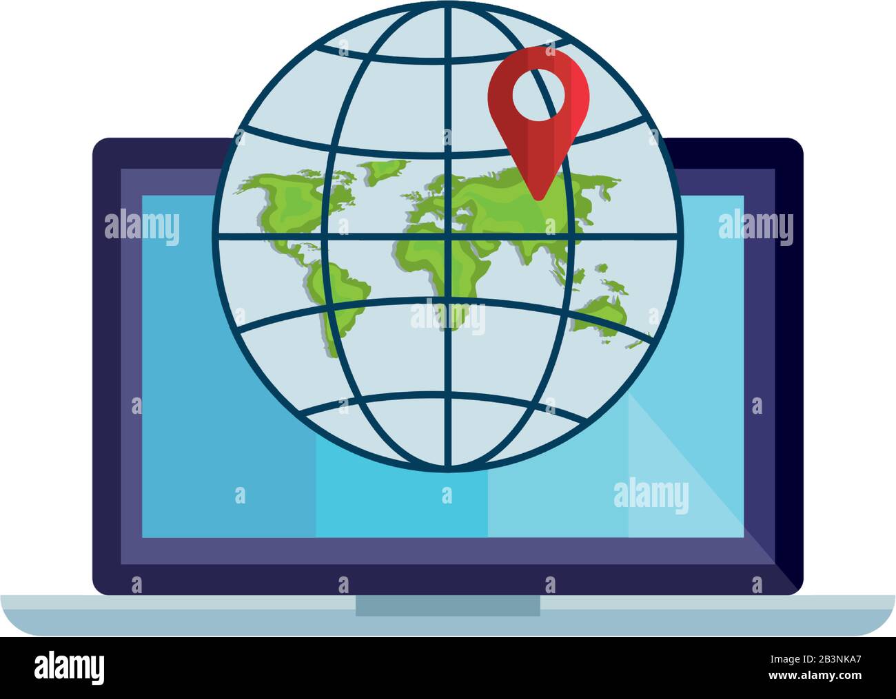Isolated gps mark and global sphere in front of laptop vector design ...