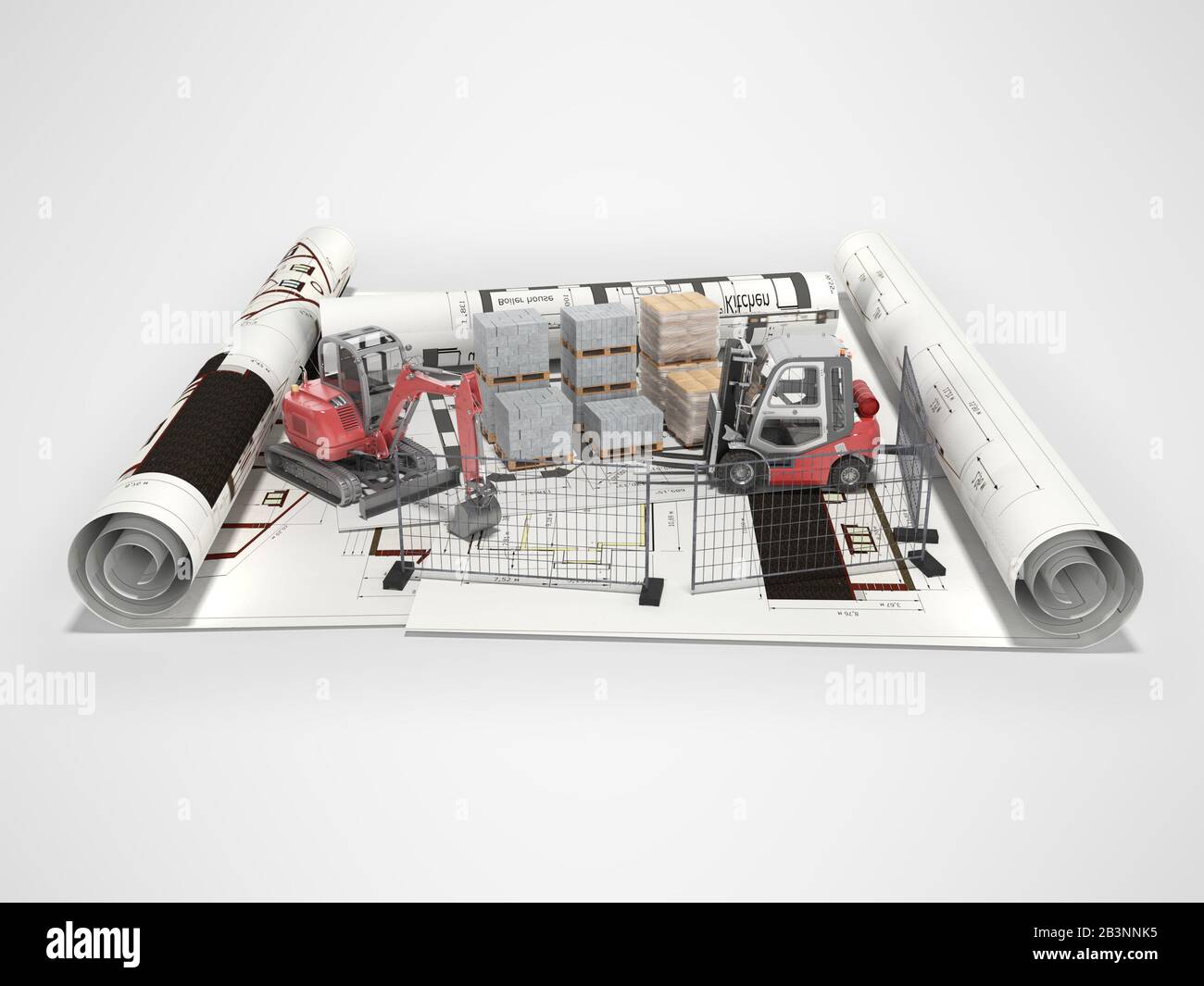 3d rendering concept of building plot in the drawings with construction ...