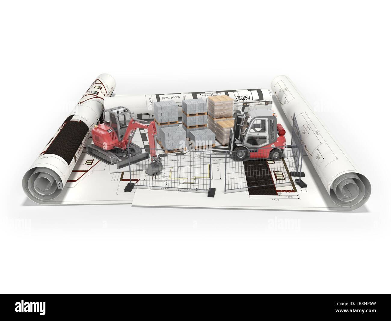 3d rendering concept of building plot in the drawings with construction ...