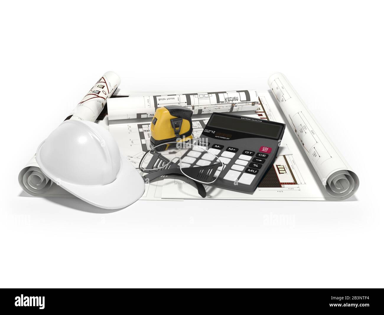 3d rendering concept of construction drawings with calculator and an ...