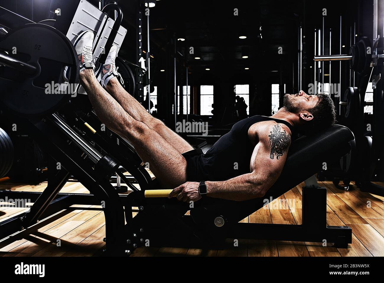 Athletic man trains legs on the simulator in the gym with weight ...
