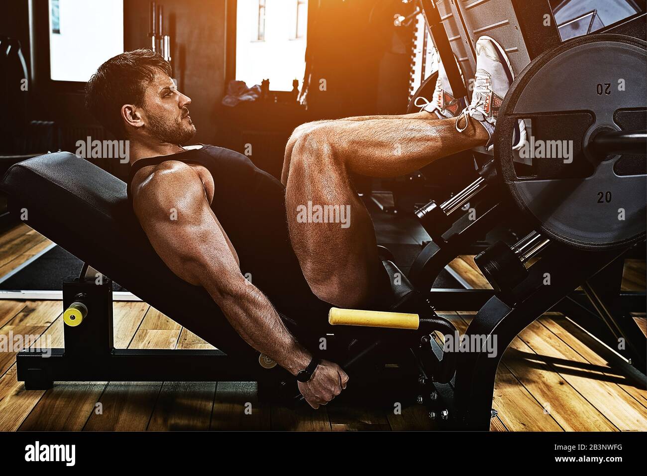 Athletic man trains legs on the simulator in the gym with weight ...