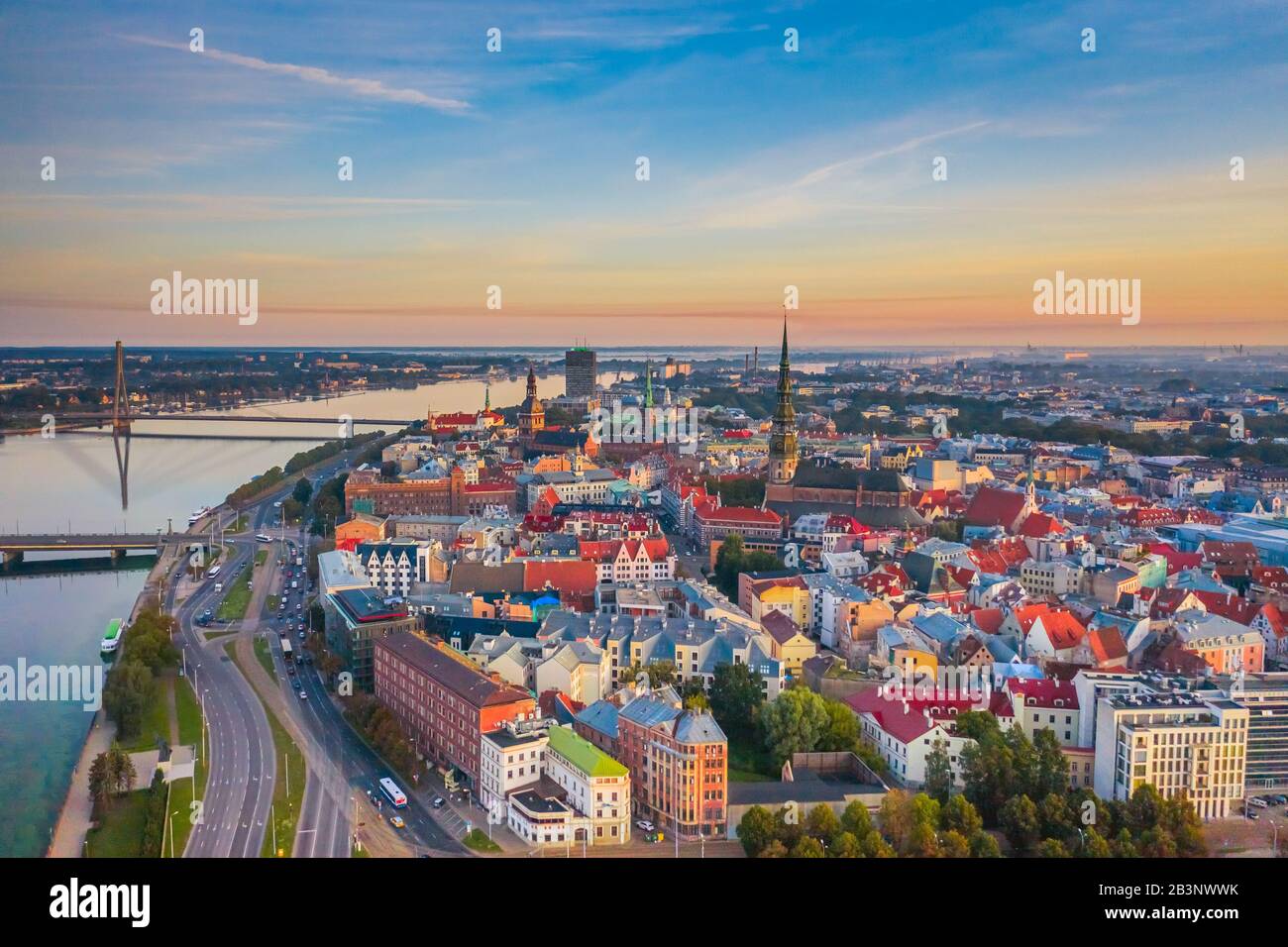 Skyline of Riga old town, sunrise time. Riga is the capital and the ...
