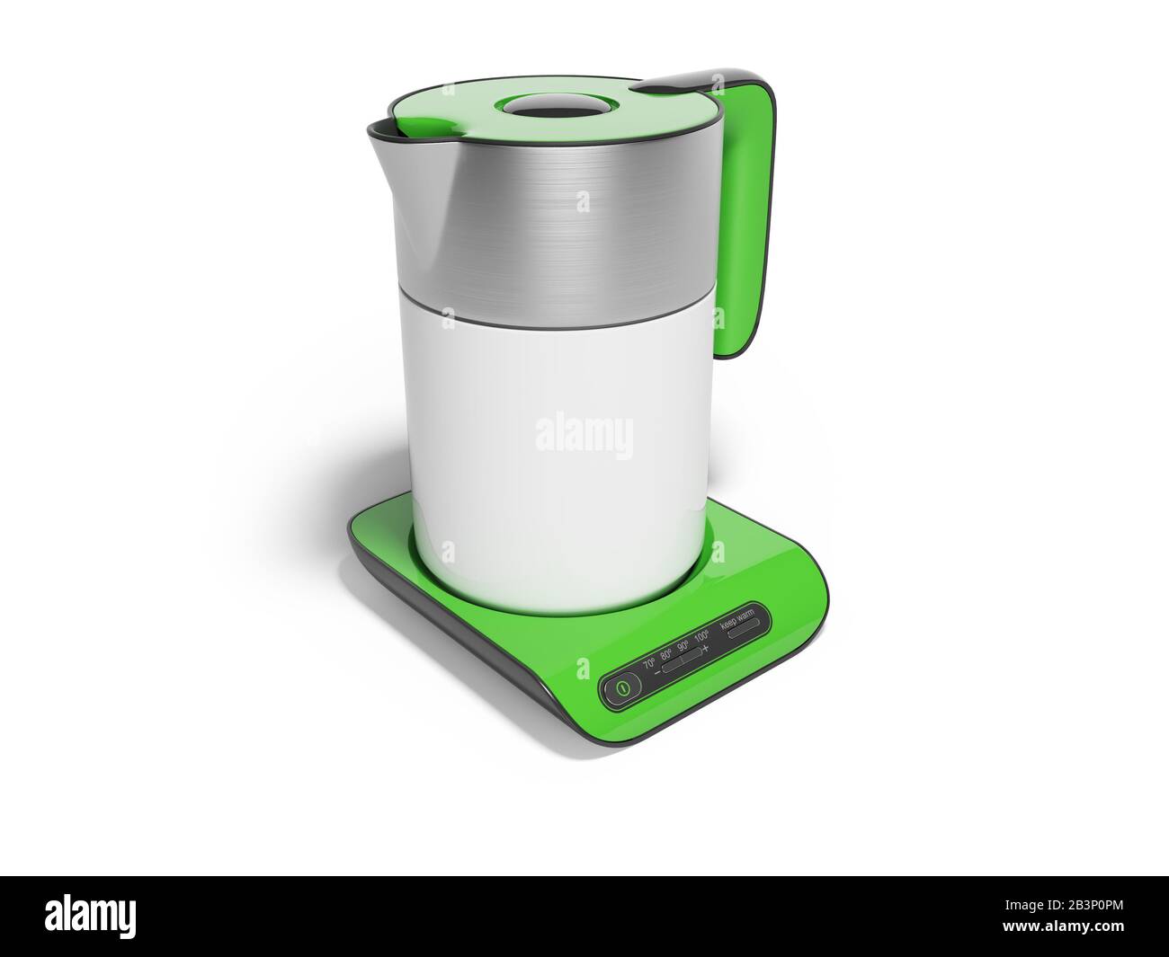 3D rendering electric kettle with green accents on white background ...