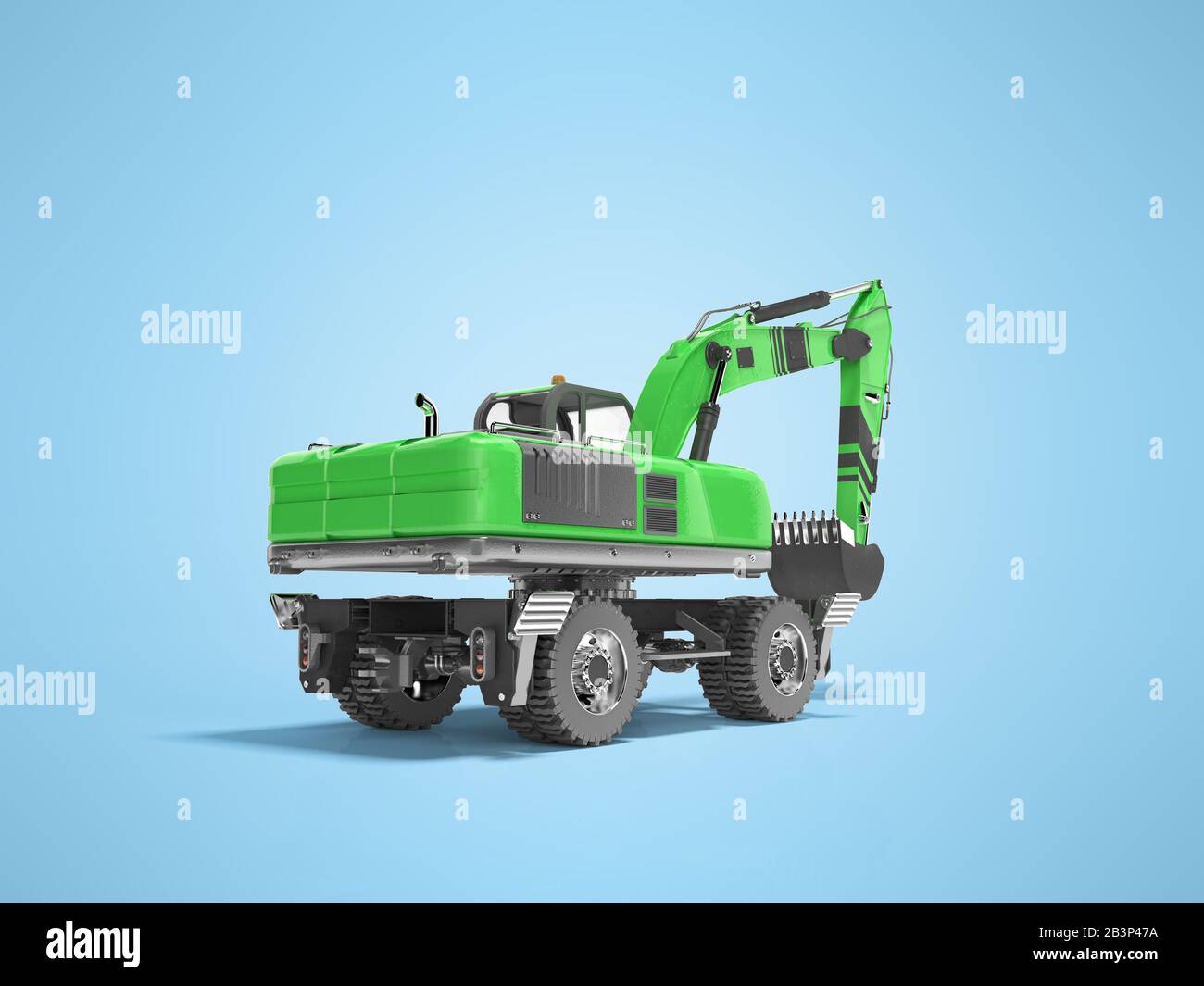 3D rendering green hydraulic wheel excavator isolated on blue ...