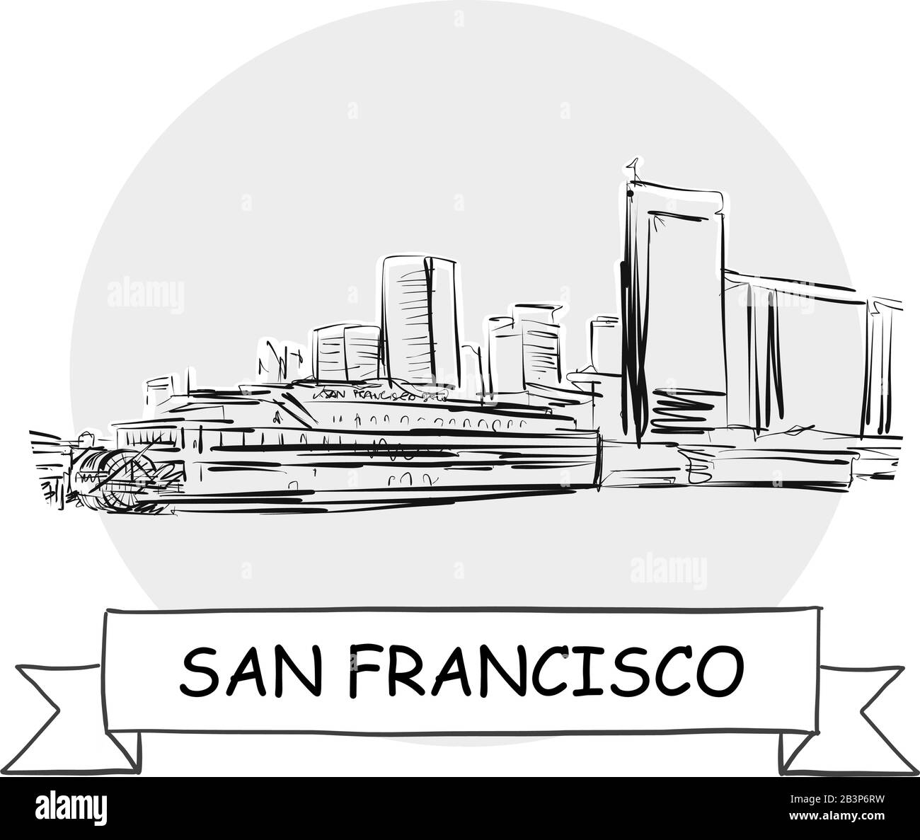 San Francisco Cityscape Vector Sign. Line Art Illustration with Ribbon ...