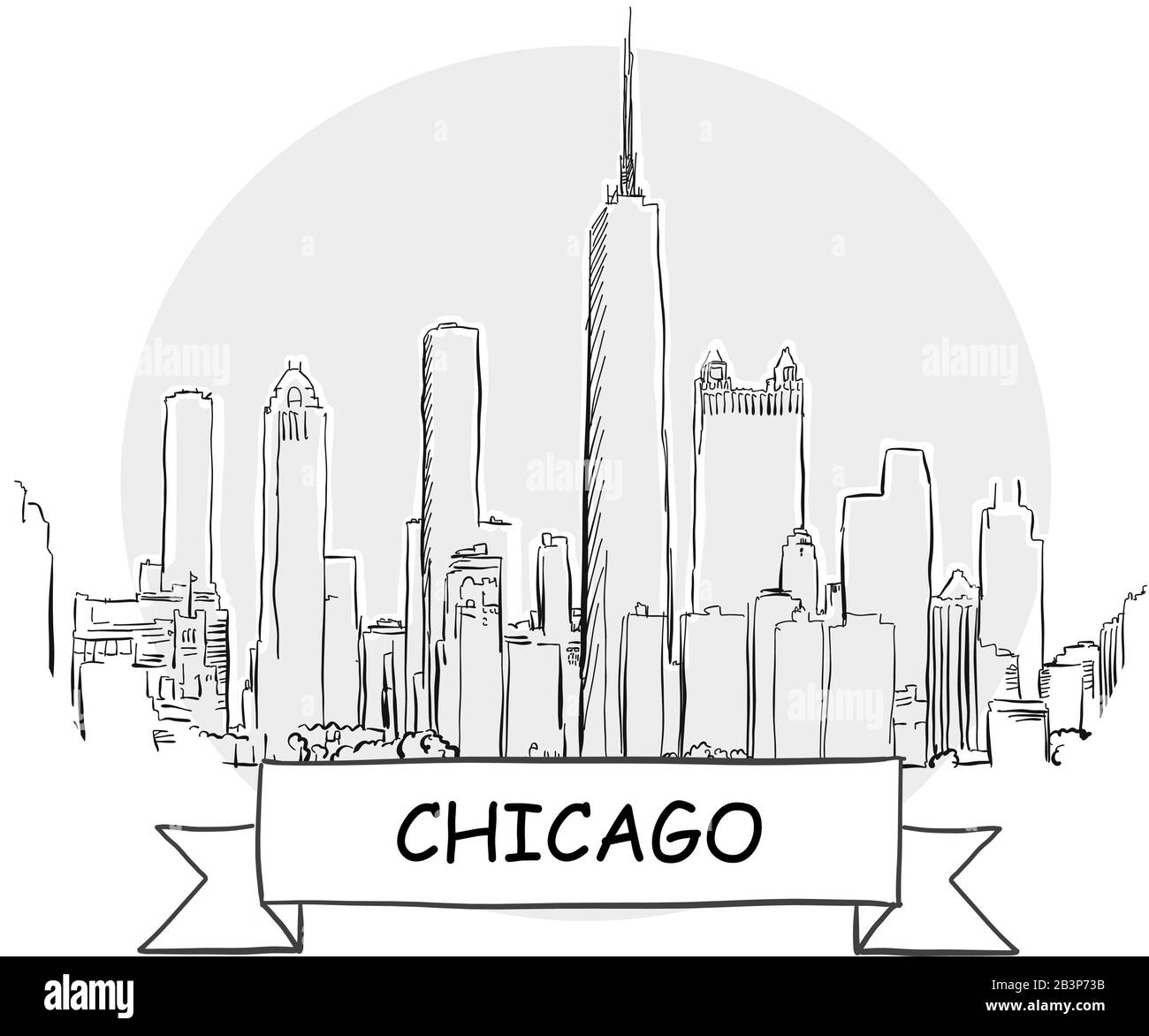Chicago Cityscape Vector Sign. Line Art Illustration with Ribbon and ...
