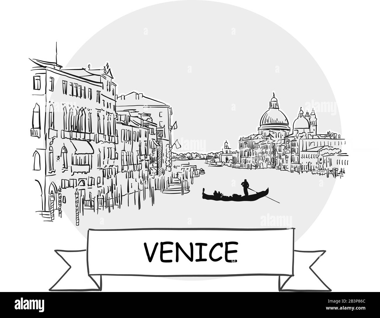Venice Cityscape Vector Sign. Line Art Illustration with Ribbon and ...