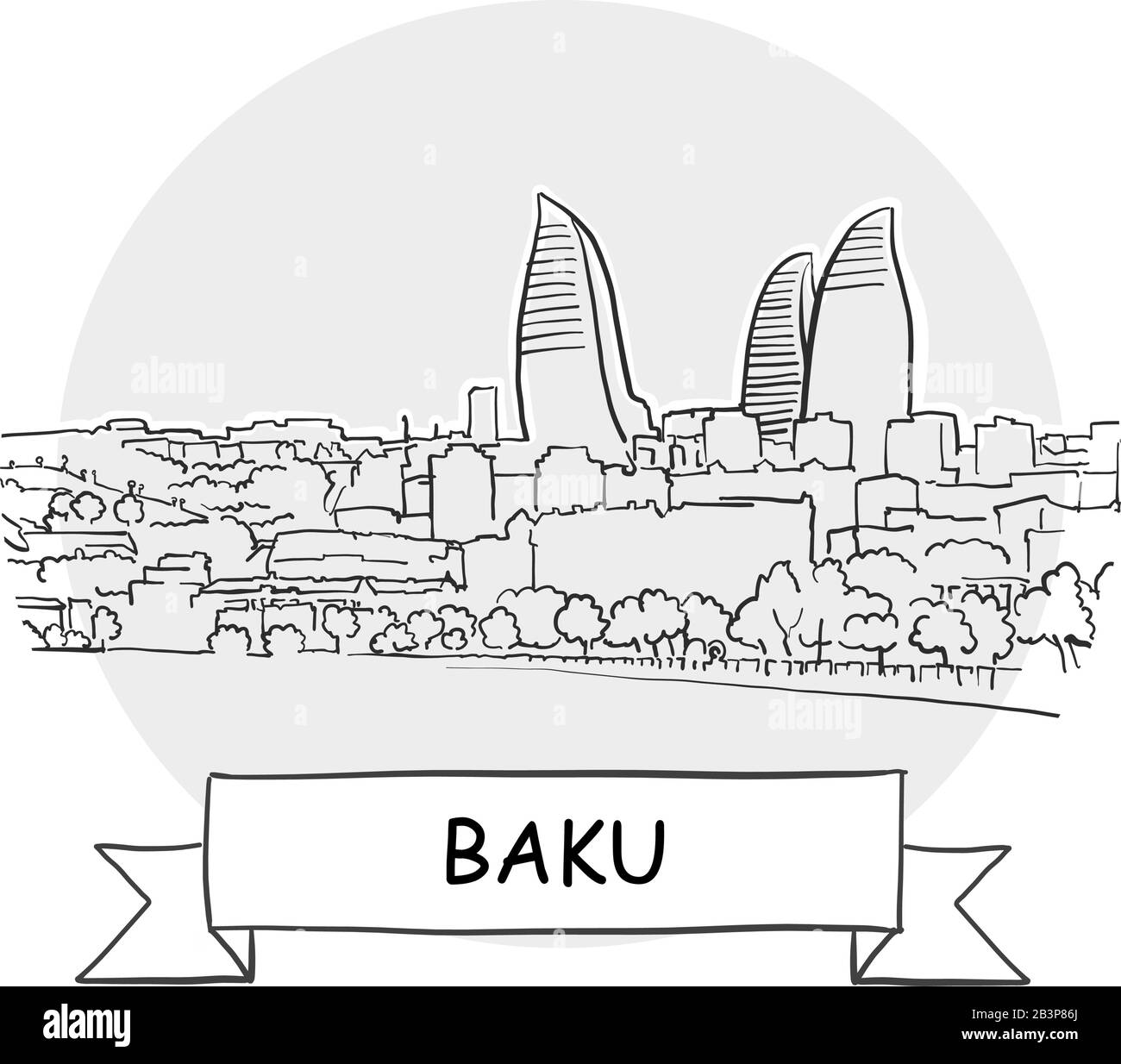 Baku Cityscape Vector Sign. Line Art Illustration with Ribbon and Title ...