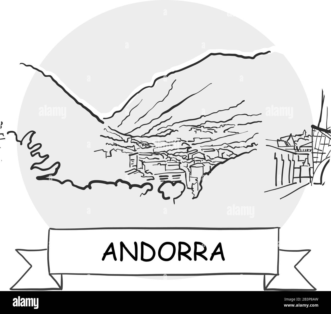 Andorra Cityscape Vector Sign. Line Art Illustration with Ribbon and ...