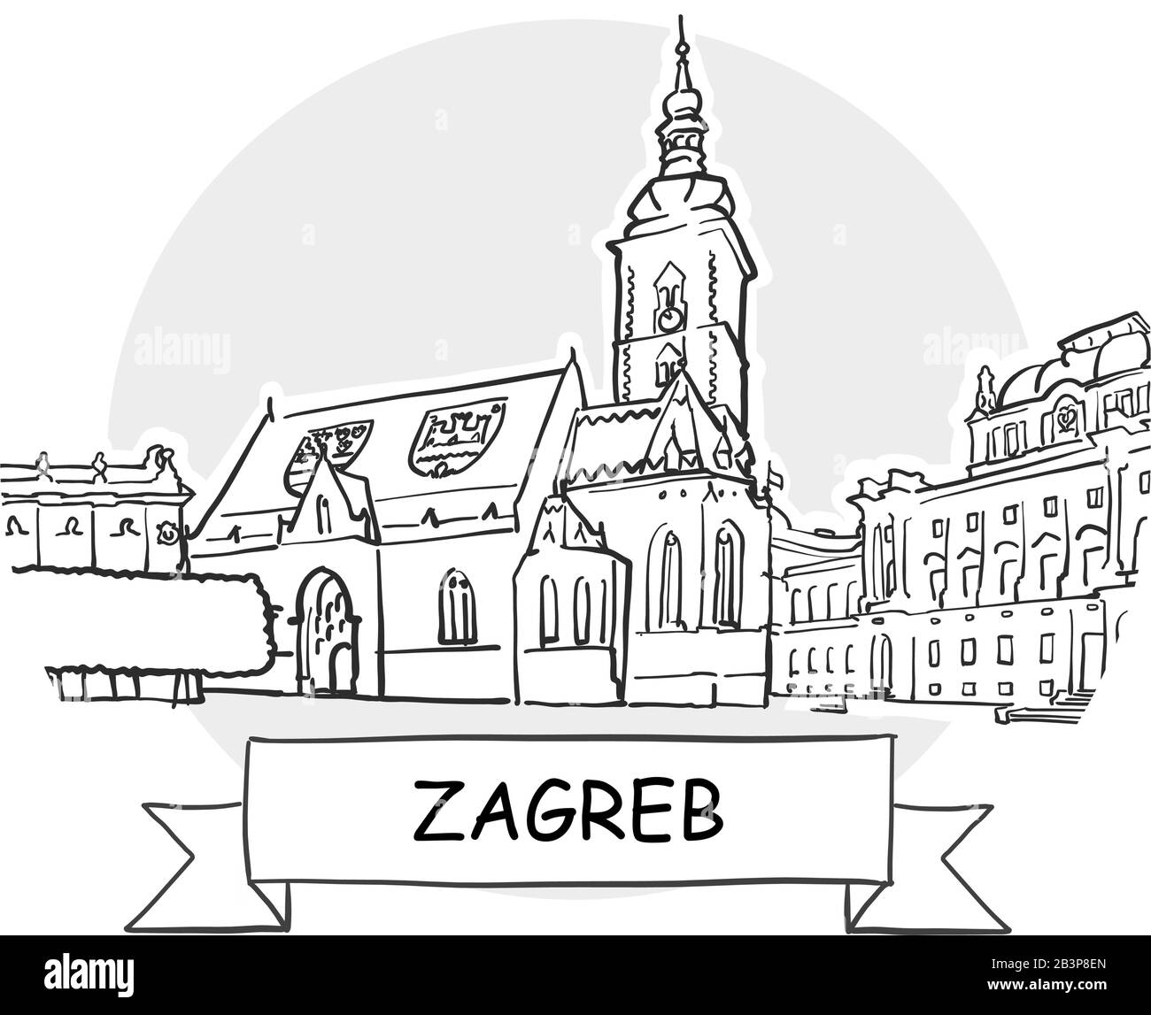 Zagreb Cityscape Vector Sign. Line Art Illustration with Ribbon and ...