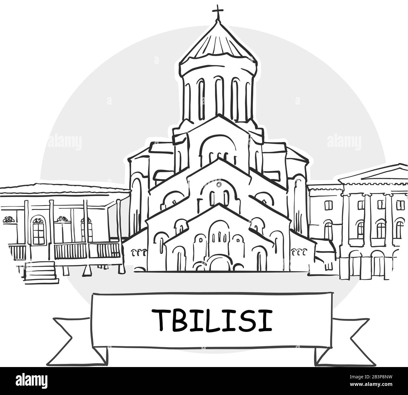 Tbilisi Cityscape Vector Sign. Line Art Illustration with Ribbon and ...