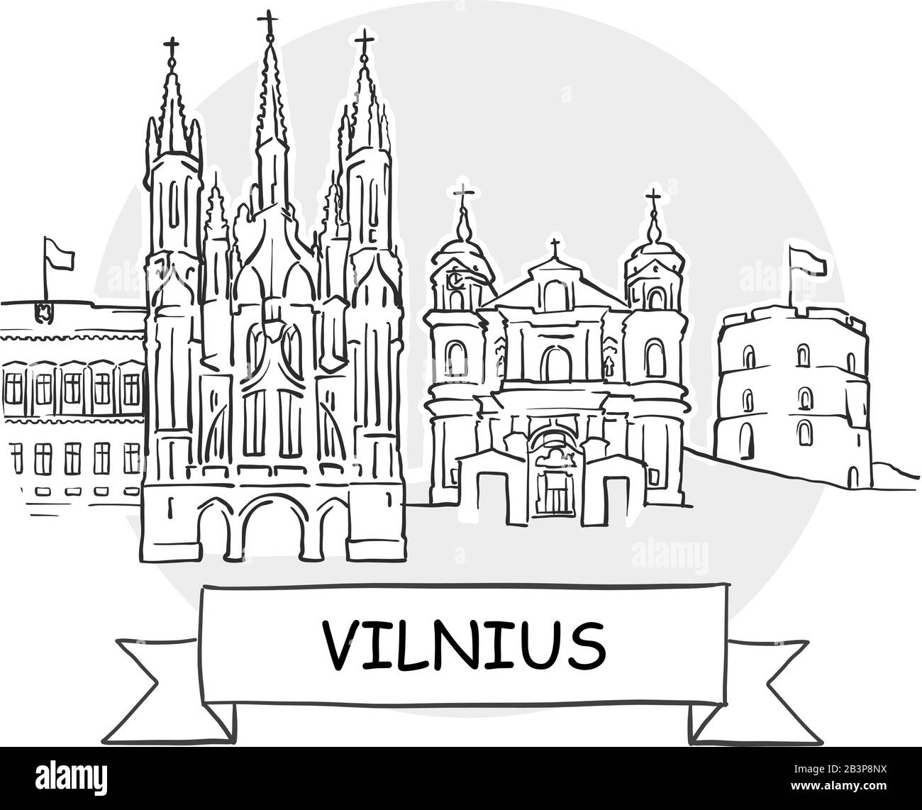 Vilnius Cityscape Vector Sign. Line Art Illustration with Ribbon and ...