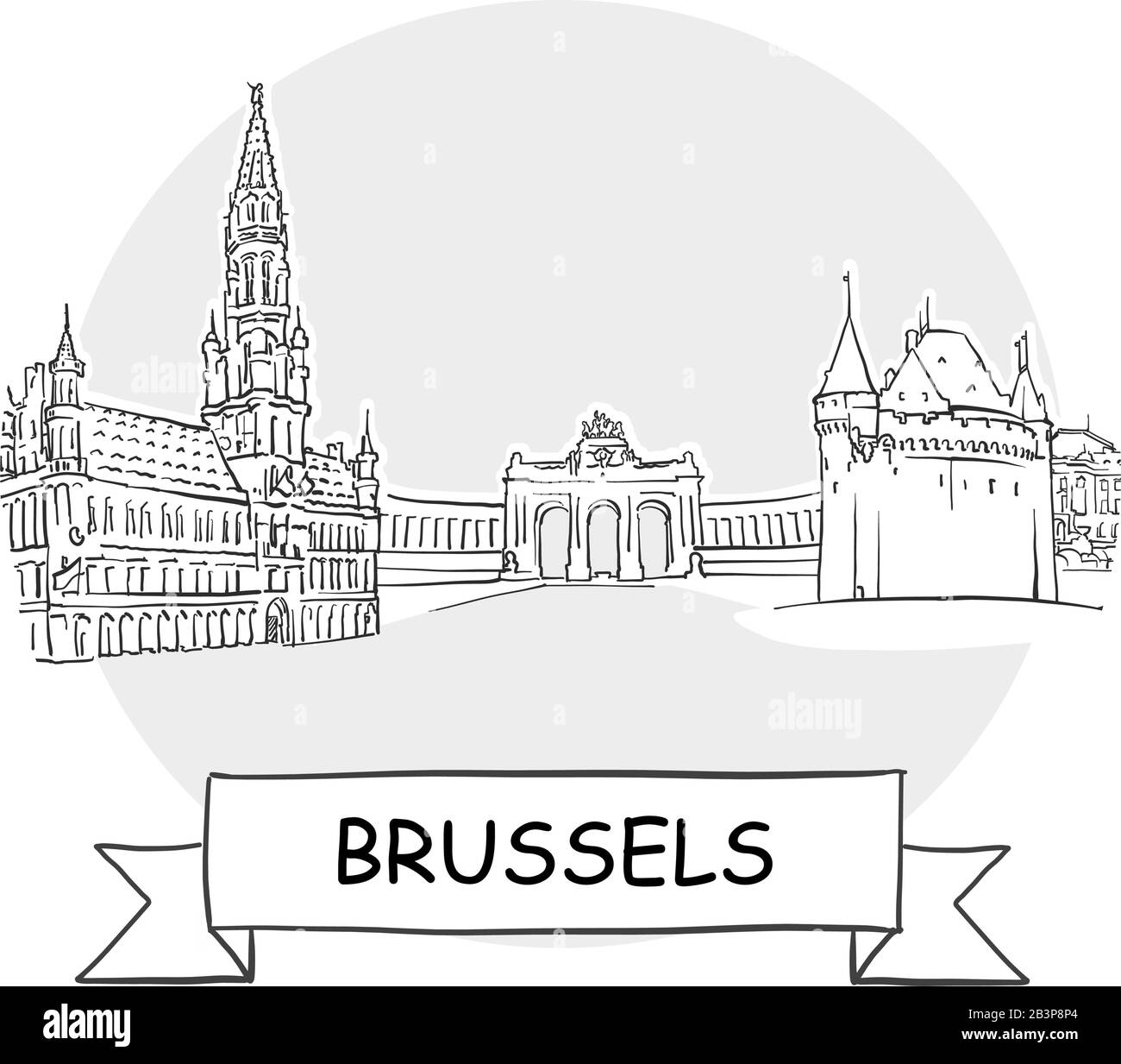 Brussels Cityscape Vector Sign. Line Art Illustration with Ribbon and ...