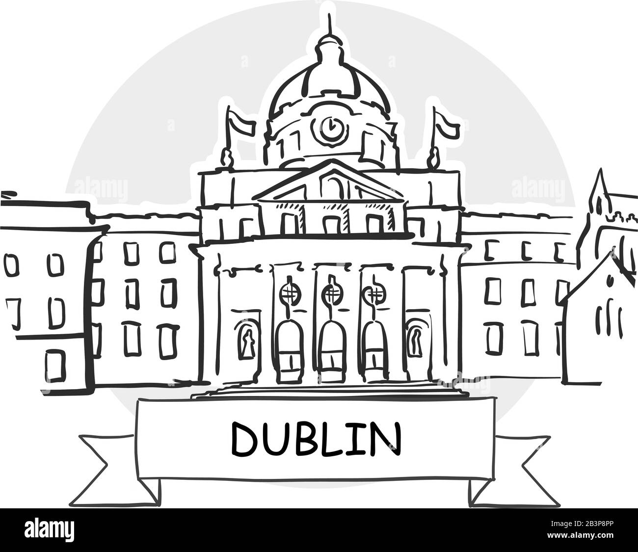 Dublin Cityscape Vector Sign. Line Art Illustration with Ribbon and ...